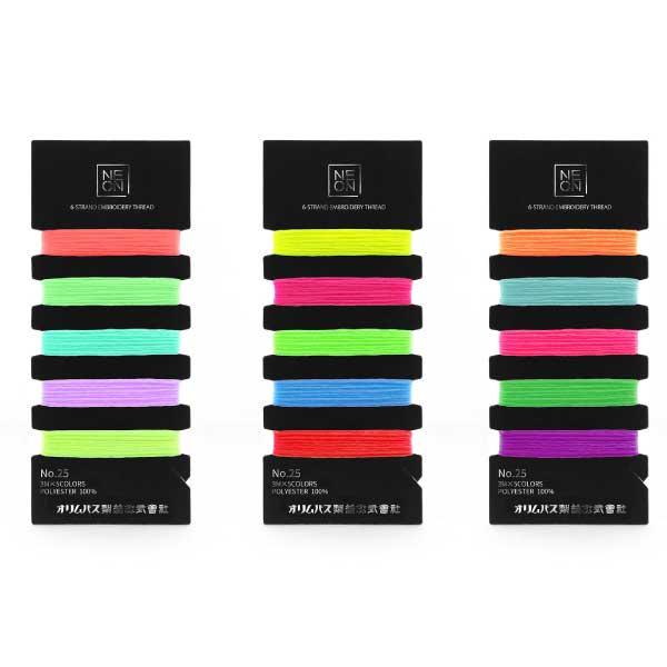 カラー： ビビット セット内容：NEON 25番 刺しゅう糸 各3ｍ×5色 品質：ポリエステル100％ 適正針：フランス針・クロス針 ネオン感のある圧倒的発色です。柔らかく糸すべりの良い刺しごこちです。思わずそろえたくなる3種(全15色)の...