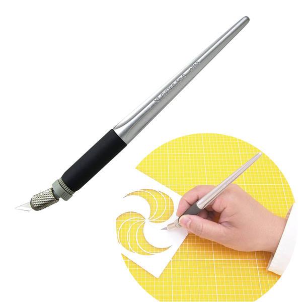 入り数: 曲線切り用デザインナイフ軸…1本、替刃30゜…5枚入り曲線切り用のデザインナイフです。（360°回転式）ステンシルシートのカットに最適です。