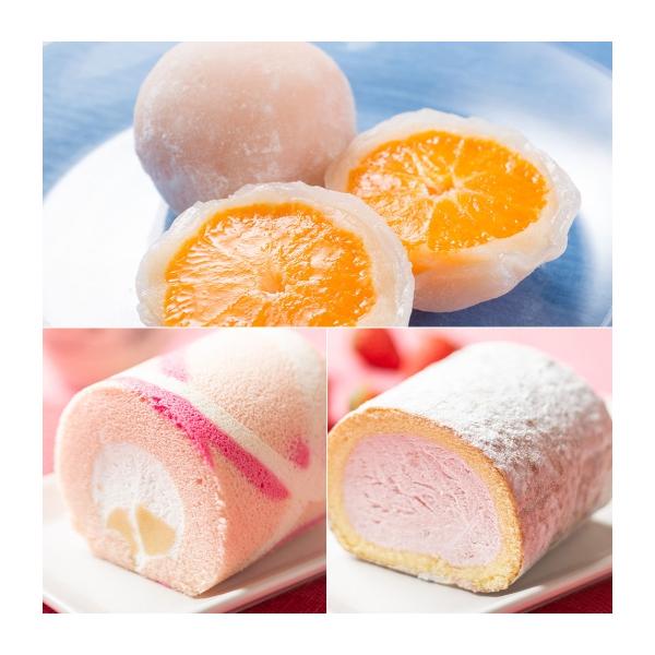完熟みかんをまるごとふわふわなお餅に包み込んだ【みかん大福】と果肉入りの甘酸っぱいソースをクリームにたっぷりと使った「ストロベリースターロール」、スタイリッュなピンクの生地に植物性クリームをたっぷり巻き込んだ「ロールズピーチ」をハーフサイズ...