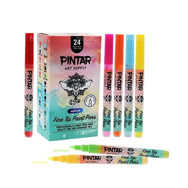 ★併売のため、在庫切れの際はご了承ください。発送委託により倉庫業者がお届けする場合がございます★PREMIUM ACRYLIC COLORS - Pintar (24-Pack) Fine Tip Paint Pens, highly pi...