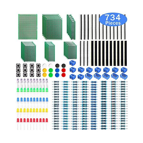★併売のため、在庫切れの際はご了承ください。発送委託により倉庫業者がお届けする場合がございます★コスパ最高のキット：両面PCB回路基板；ピンヘッダーとピンソケット；金属皮膜抵抗器；5mm LED；タクトスイッチ ボタンキャップ付き；ターミナ...