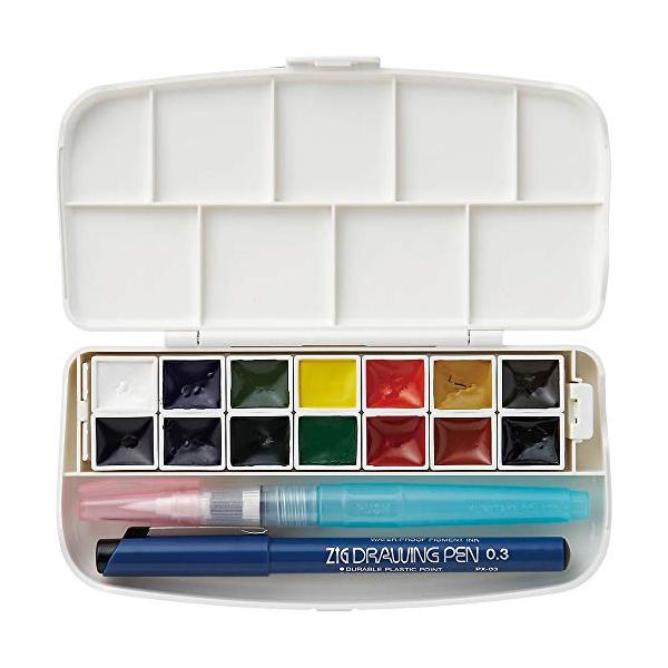 ★併売のため、在庫切れの際はご了承ください。発送委託により倉庫業者がお届けする場合がございます★男女共用固形透明水彩14色、水筆ぺん、ペンを、ふたの内側がパレットになっているコンパクトケースにセットした!