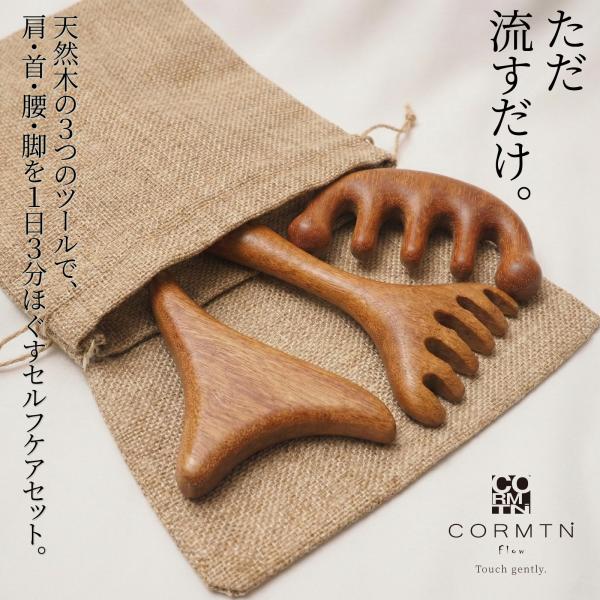 天然木の3点ケアツールセットです。肩・首・腰・頭皮・脚など全身に使えます。【セット内容】A：FLOWプレート（顔・肩・背中など広い面に）B：FLOWコーム（首すじ・肩・頭皮に）C：FLOWレーキ（腕・脚など筋に沿って流す）巾着袋×1・使い方...