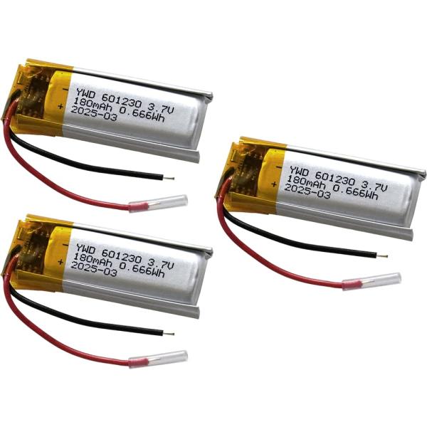 リポバッテリー3個セットでの販売となっております。注文数量1で、リポバッテリーが3個届きます。製品名：リチウムポリマー電池 / モデル：601230 / 定格容量：180mah / 定格電圧：3.7V / 充電電圧：4.2V / セル寸法：...