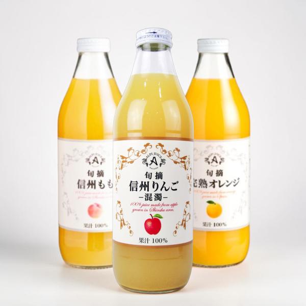 長野県産の白桃を100％使用。濃縮還元していないストレートジュース、スペイン産オレンジを100％使用した、濃縮還元していないストレートジュース、全国有数の産地、長野県産のりんごを100％使用。濃縮還元していないストレートジュースを各１本でセ...