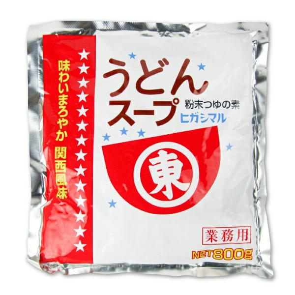 かつおと昆布のうま味とコクのあるだしを淡口しょうゆで仕上げた、関西風の粉末うどんだしです。お湯に溶かすだけで、簡単にうどんだしができます。保存料、甘味料は、使用していません。1袋800gを20Lの熱湯に溶いてご使用ください。