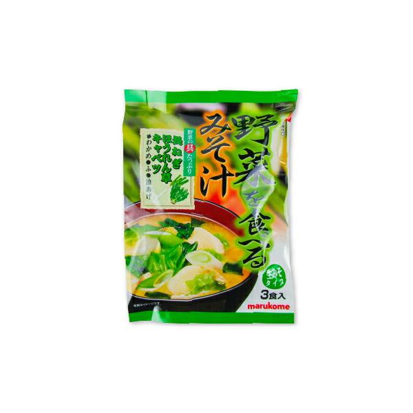 野菜の具たっぷり！長ねぎ、ほうれん草、キャベツ、わかめ、ふ、油あげ米みそと豆みそをブレンドし、コクのある合わせみそに仕上げました。信州赤系みそにかつおだしと昆布だしでボリュームたっぷりの具材をおいしく引き立てます。