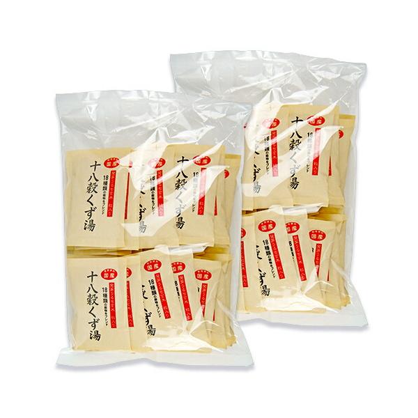 十八種類の穀物と、吉野本葛をブレンドしたくず湯です。丹念に焙煎した穀物ならではの香ばしい風味と、形状を残した発芽うるち玄米の食感をお楽しみいただけます。 また、原材料はすべて国産です。