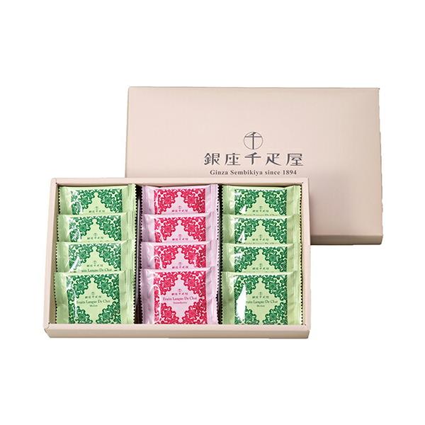 メロンとイチゴのチョコレートをサンド！メロン8個・いちご4個の計12個入りフランスの伝統的な菓子の一種ラング・ド・シャ。薄くさっくりと焼き上げたラングドシャクッキーに、メロンとイチゴのチョコレートをサンドしました。