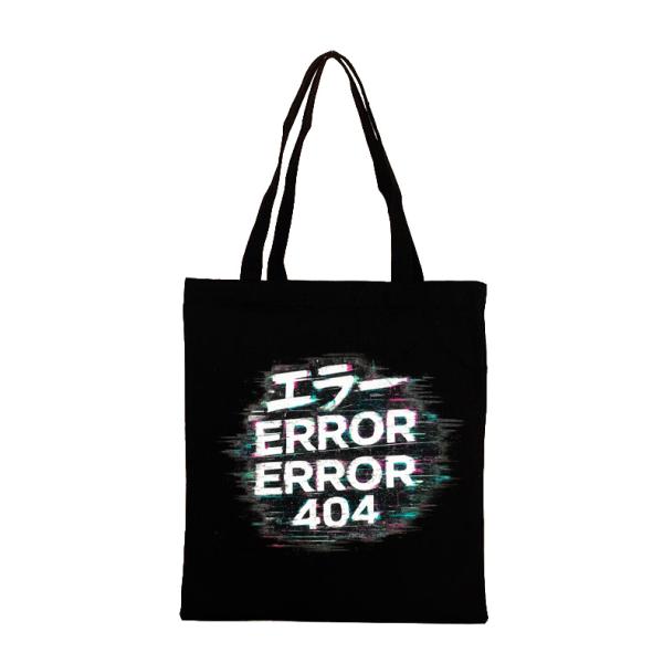エラー404グリッチデザインのブラックトートバッグは、テクノロジーとストリートファッションを融合させたユニークなアイテムです。バッグ正面には、日本語の「エラー」と「ERROR 404」がグリッチエフェクトとともにプリントされており、サイバー...