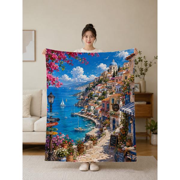 美しい地中海の街並みと青い海を描いた、おしゃれなブランケットです。鮮やかな色彩と繊細なプリントが、お部屋を明るく華やかな空間へ演出します。肌触りの良いフランネル素材を使用し、軽量で柔らかく、保温性にも優れています。ソファでのくつろぎ時間や、...