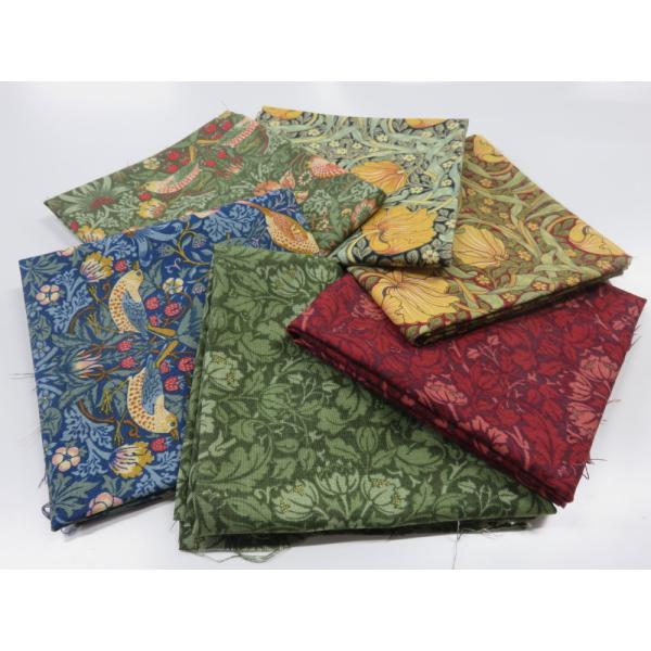 BEST OF MORRIS ベストオブモリスのいろんな柄が6枚セットになってお得です。パッチワークや小物つくりにぴったりで同じ雰囲気のプリントなので使いやすいです。画像の生地はたたんだ状態で一辺が約１３ｃｍくらいです。★生地サイズ１枚　約...