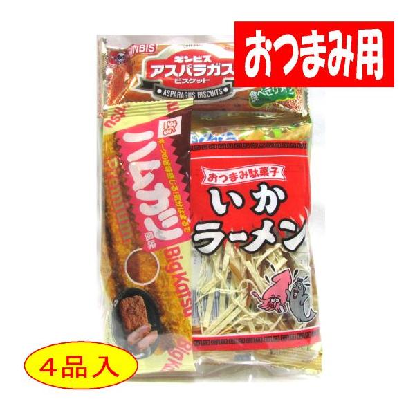 小旅行や、グループ・職場でのイベント・行楽にぴったりの駄菓子・おつまみの詰合せです。お花見のお供にもＧｏｏｄ！●商品構成ぼんち：綱揚げあられギンビス：アスパラガスビスケットすぐる：ハムカツ逢坂：いかラーメン●保存方法直射日光、高温多湿を避け...