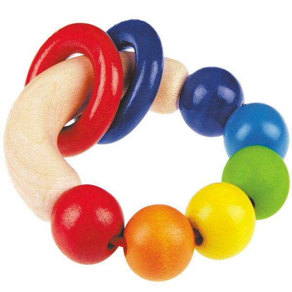 ギラリーロンデーロは、セレクタ社のラトルの中でも、ロングセラーの１つ。カラフルなリング状のラトル（がらがら）。木製のパーツは1部がゴムでつながっています。にぎにぎしたり、赤と青のわっかを動かしたり。にぎりごこちよく、いろいろ遊べるラトルです。
