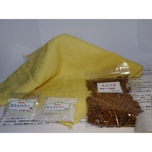 【キットに入っているもの】（染料）　　槐花　　　　１６ｇ（先媒染剤）生ミョウバン１２ｇ（後媒染剤）生ミョウバン４ｇ（プリント）染め方の手引き