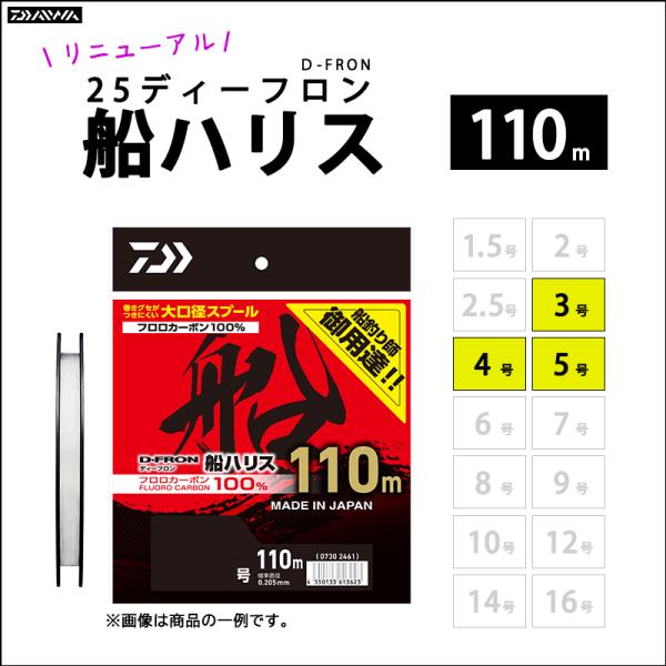メーカー名：　DAIWA　ダイワ商品名：25ディーフロン船ハリス糸巻量：110mカラー：ナチュラル比重：1.78サイズ / JAN：3号 / 45501336136544号 / 45501336136615号 / 4550133613678...