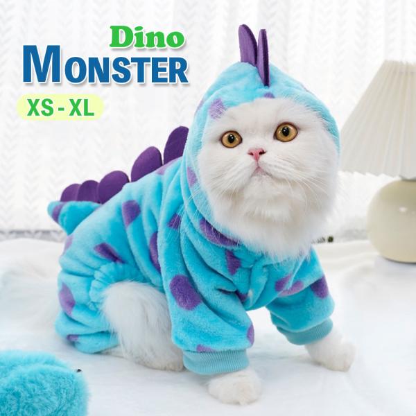 可愛いモンスターに変身！ペット用のコスプレ着ぐるみです。ふわふわもこもこの生地なので肌触りも良く、ワンちゃんネコちゃんも大喜び！すっぽり全身タイプなのでズレることもなく快適に過ごせます。前開きボタンで着脱もラクラクなのも嬉しいポイント。フィ...