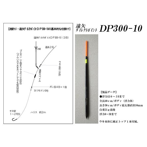 品名：遠矢ダイレクトポイント DP-300-10 3B残浮力：3B全長：約40cmボディ全長：約30cmボディ最太部：約10mm自重：約21gウキ本体に純正トップ1本付属・渚釣り、遠浅でポイントが遠い時にオススメ。・軽い仕掛け、小さいウキが...