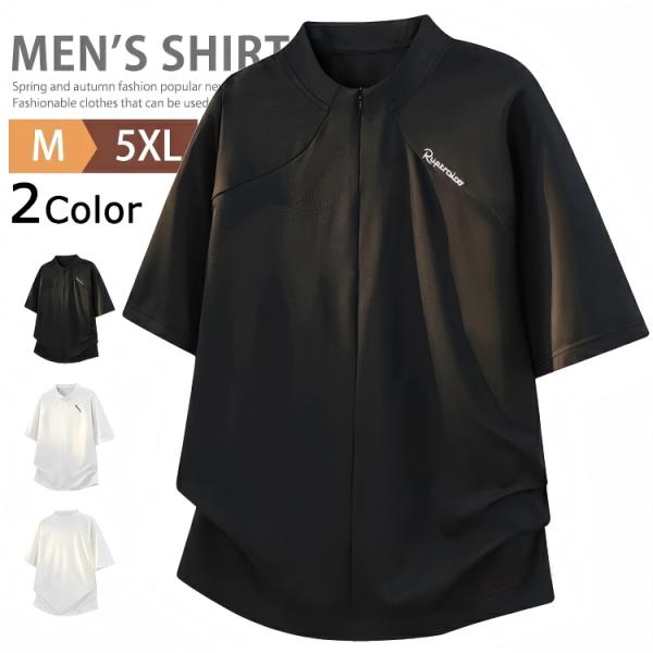メンズ 半袖Tシャツ 半拉?刺繍付きカラー：ホワイト、ブラックサイズ：M、L、XL、2XL、3XL、4XL、5XL素材：ポリエステル94.7%、スパンデックス5.3%版型：ゆったり型デザイン：丸首、半袖、半拉?、刺繍アクセント厚さ：普通季節...