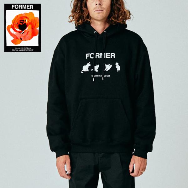 Former Merchandise フォーマー フリース パーカーFORMER KITTY LITTER HOOD // BLACK暖かさと快適さを提供する、綿 50%、ポリ 50% のプレミアム 320GSM コットン面起毛フリースでデ...