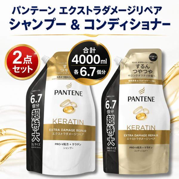 パンテーン エクストラダメージの、シャンプーとトリートメントコンディショナーの詰め替え超特大2000gの2点セットです。傷んだ髪をやさしくケアし、なめらかな指通りとまとまりのある髪へ導きます。たっぷり使える大容量で、ご家族みんなのヘアケアに...