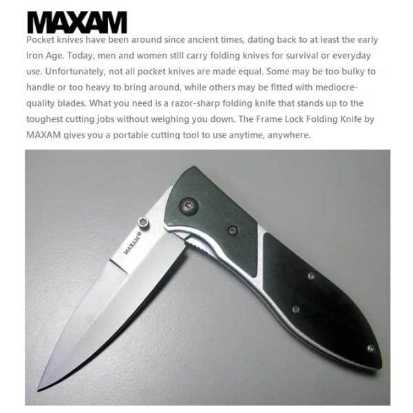 ご覧いただきありがとうございます。MAXAM（USA）のフォールディングナイフです。造りはしっかりしています。安価なナイフなのでアウトドア、釣り等で気兼ね無く使えそうです。万が一、刃こぼれしても研ぎの練習としても使えます。MAXAMナイフの...