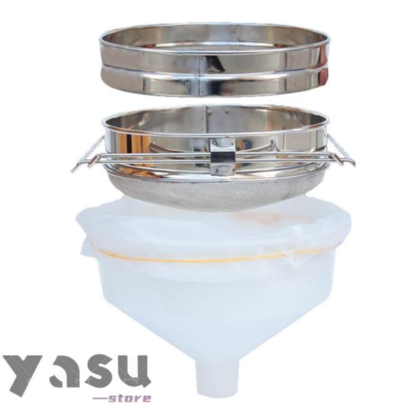 3重蜜 こし器 ：3重構造，上層ステンレス ブラシ：直径23cm×高さ4.5cm、80メッシュ、下層ステンレス ブラシ：直径23.5×高さ8.5cm，100メッシュ、重量：950G。 三層濾過袋：44*55cm,120メッシュ。伸縮式ブラケ...