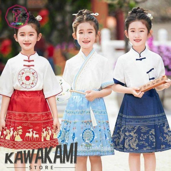 子供服 女の子 上下セット 4色 幼稚園 トップス 半袖 スカート ジャーガード 花柄 キッズ 漢服 ジュニア服 入学 卒業 普段着 舞台ダンス衣装 可愛い 子ども服 中