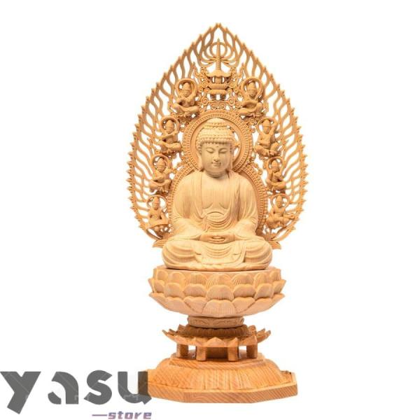 △ 製品材質：桧木（ヒノキ） / 重量：約500g / 製品サイズ：高さ：28cm 巾：12cm 奥行：12cm / 28cm仏像?豪華な装飾ながらスッキリとお仏壇に収まる形が特徴です。 / 手作業で測ったので少しの誤差が有ります（1cm以...