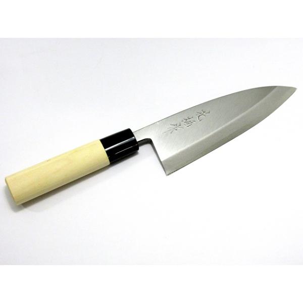 片刃の肉厚の包丁で、刃こぼれも少なく、堅い骨を切ったり魚をおろす時に使います。[ 仕様 ]◇全長：約285mm◇刃渡：約150mm◇背厚：約6mm◇重量：約225g