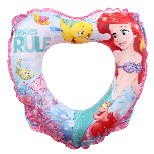 ディズニープリンセス　アリエルのハート型ウキワ。ロープ付き。直径６０cm（内周８５〜９０cm）。胸囲の目安５８cm。対象年齢３歳以上。