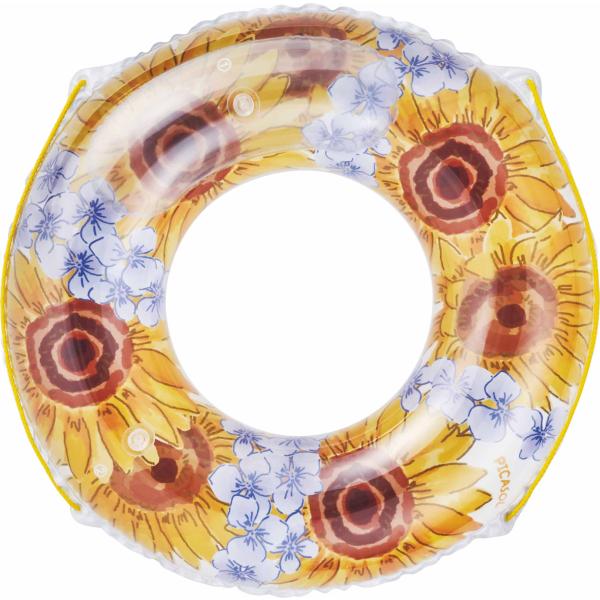 大人用の浮き輪。ひまわり柄です。直径100cm（内周130〜135cm）。ロープ付き。大人１人用です。