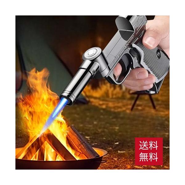 ●ピストル型ライターです。●グリップ右側にあるダイヤルを回すことにより炎の高さが3cm〜20cmくらいになります。●青い炎を出します。市販のガスライター用ボンベ（別売り）を注入してください。●ガスが入れにくい場合は、ガスボンベに付属している...
