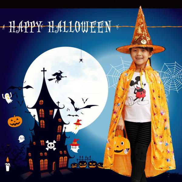 ハロウィン 帽子付マント 子供 大人 コスプレ 仮装 コスチューム イエロー ハロウィン柄ハロウィンにはピッタリな帽子とマントです。生地はヨレヨレで仮装にはぴったり！クモの巣柄カラー　イエローカチッとした帽子付きイエローにキラキラ感があるハ...