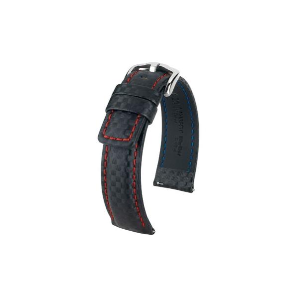メーカー：HIRSCH ヒルシュ Carbon　製品名：02592052-2-20　JANコード：050513085674　バンド素材：カーフ　バンドカラー：ブラック×赤ステッチ　長さ：Lサイズ 尾錠側：80mm（尾錠含まず） 剣先側：12...