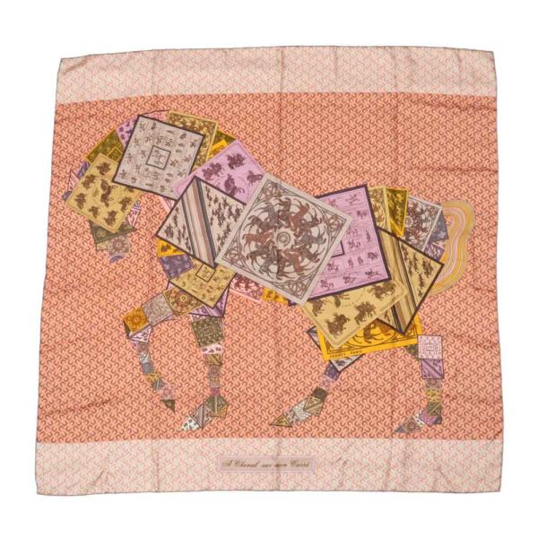 【名東】エルメス カレ90 スカーフ Cheval sur mon Carre シルク100% ピンク系 小物【↓ 詳しいスペックは下の商品説明をご確認下さい ↓】