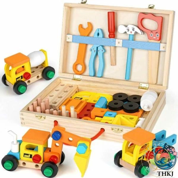 大工 おもちゃ:子供 工具箱 おもちゃには、木製工具箱、説明書、ハンマー、スパナ、のこぎり、定規、ドライバー、ハンドル、ブロック、ネジ、ナット、ゲームボードが入っています。男の子と女の子のためのモンテッソーリ知育玩具。  安全な木のおもちゃ...