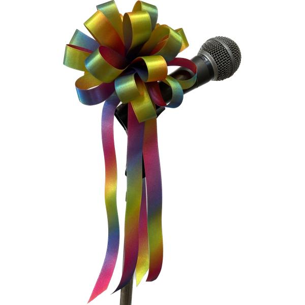 材質：サテン　型くずれしにくい材質です。サイズ：全長約３0ｃｍ　花径約１３ｃｍ取付けワイヤー（針金付き）テープカットポール用などとしてもご使用いただけます。検索用：テープカットリボン　マイクリボン　式典リボン 虹色リボン　レインボーリボン　...