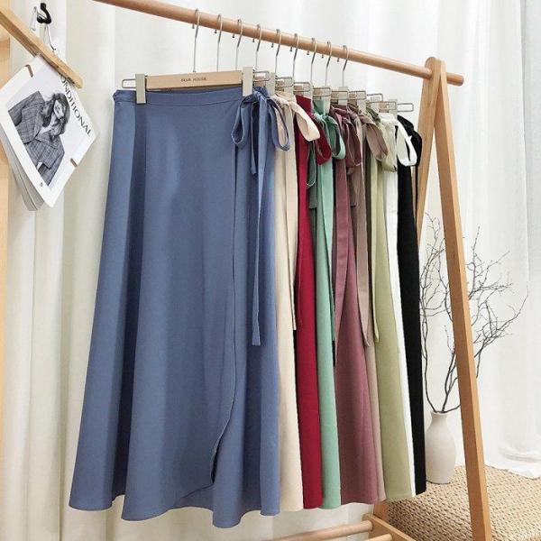 スカート レディース シフォンスカート ロングスカート ボトムス シフォン マキシスカート 無地 膝下 ゆったり 体型カバー薄手 春夏 リボン かわいい涼しい カジュアル品　番tike01カラーブラック ホワイト グリーン 杏色 ブルー カ...