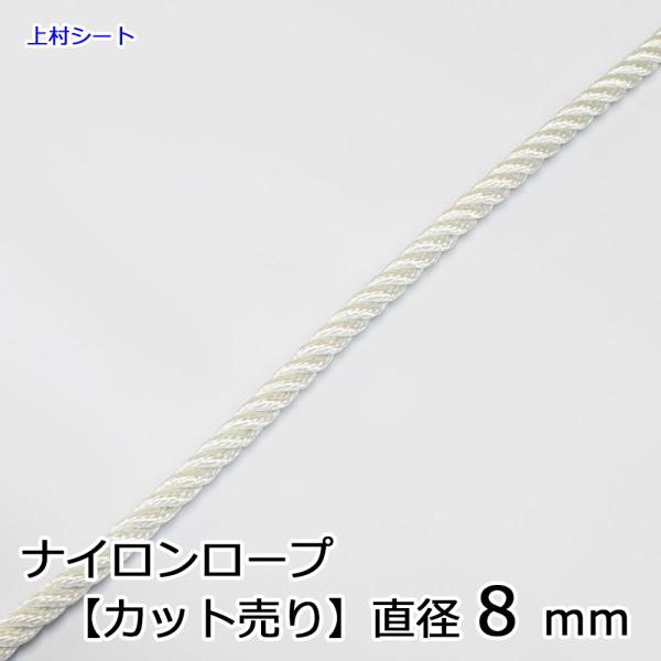 直径 8mm （8ミリ）打ち方 3つ打ち (3打 3つ撚り)切売り、切り売り、切売、オーダーカット、カット。ナイロンロープは、合成繊維ロープの中で、引張強度、摩擦、破断強度に優れているロープです。注文方法1ｍ単位の切り売り販売。数量10個注...
