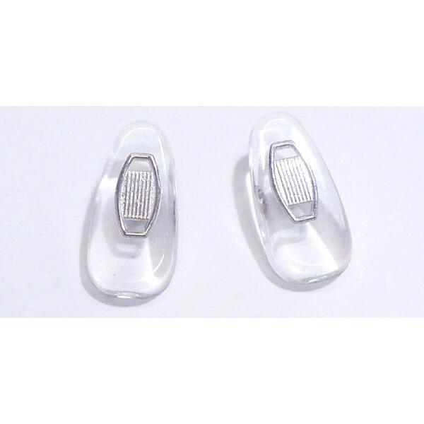 【Sサイズ】■汎用品　ソフトタイプのノーズパッド■１ペア■≪素材≫樹脂部分：ソフトＰＶＣ　　　芯金：亜鉛合金■≪サイズ≫１５．０ｍｍ×７．５ｍｍ■ネジ留めタイプ■芯金の色は銀色になります■パッドの色は透明です■中国製■《補足情報》芯金の模様...