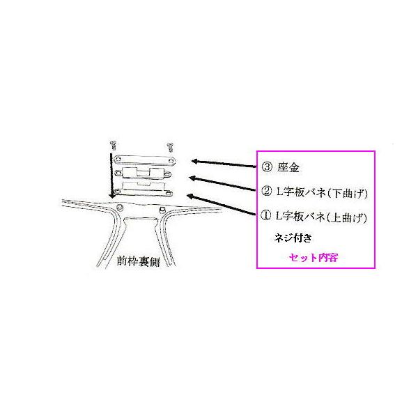 SW-1　複式ハネアゲメガネフレームの交換用バネパーツセット■画像２枚目のフレーム用【セット内容】L字板バネ（上曲げ）L字板バネ（下曲げ）座金ネジ２本※クリックポスト送料は後程変更致します。　クリックポストは日時指定不可で、ポスト投函となり...