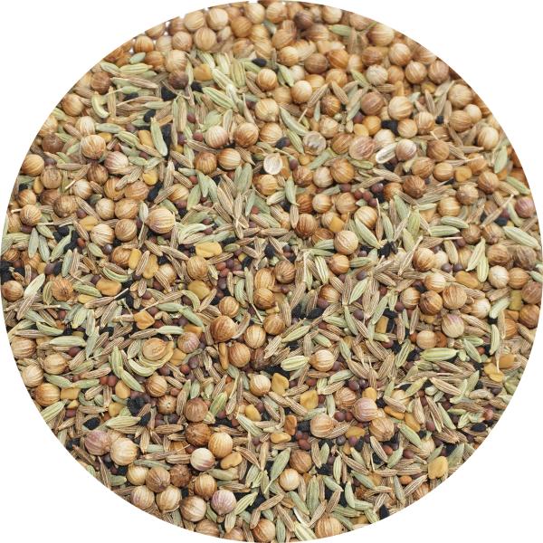 原材料：コリアンダー・クミン・マスタードシード・フェンネル・フェネグリーク・カロンジ形態：袋入り賞味期限：300日保存方法：直射日光・高温多湿を避け、冷暗所にて密閉保存下さい。開封後はどうぞお早めにご使用下さい。