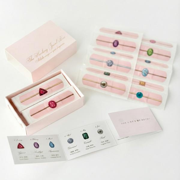 金の箔押しの英字とハンドルのデザインが美しいパステルピンクの素敵な引き出しのボックスを開けると、そこには12ヶ月の誕生石が描かれた、まるでジュエリーのような絆創膏が並んでいます。色とりどりの宝石たちが、あなたの指先を美しく彩ります。1 月　...