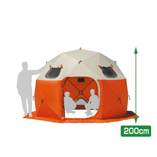 簡単に設置可能なテント。12箇所ある紐を引くだけの簡単設置。一番最初に引く天井の紐はカラー、その他は黒で色分けされています。強度のあるグラスファイバーフレームをクロスさせた正方形が12面集まり、8角形のドーム型テントとなっています。そのため...