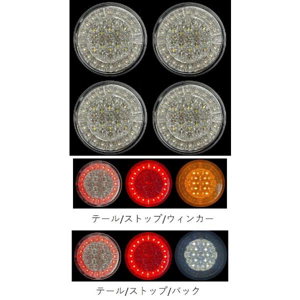 12V〜24V対応、丸型LEDランプ。ワンボディのスモール・ストップ・ウインカータイプx2個+スモール・ストップ・バックタイプx2個の計4個セット。トレーラー・トラック・オフロード車・多目的に使用が可能ECE認証品・IP防水規格、割れにくい...