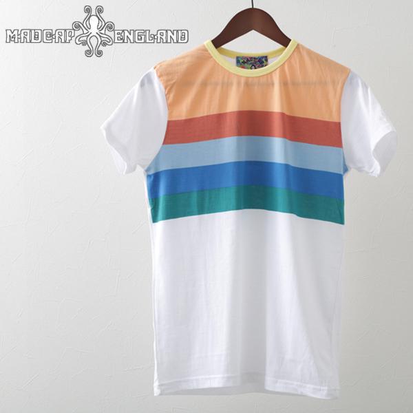 スペシャライズドにモッドアンドレトロ本気の60'sスタイルブランドMadcap Englad マッドキャップ イングランドのレインボーストライプTシャツです。カラーは清潔感のあるホワイト。フロントのレインボーカラーのデザインがアクセントに。...