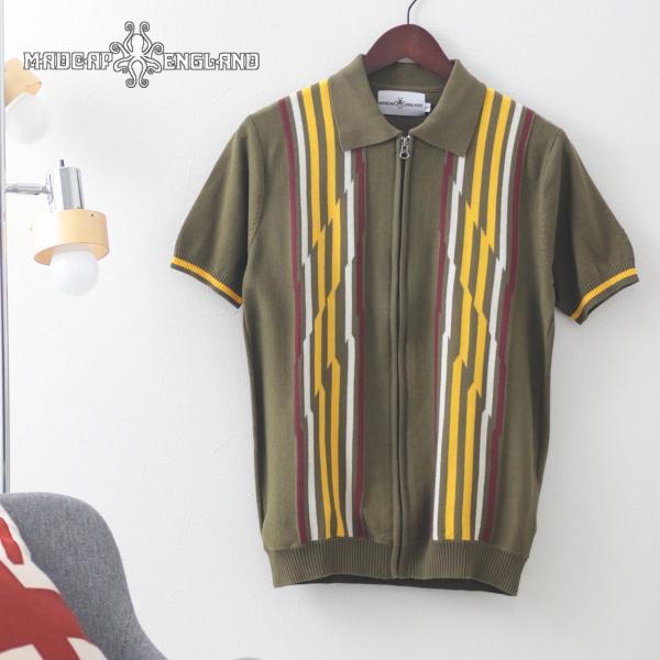 スペシャライズドにモッドアンドレトロ本気の60'sスタイルブランドMadcap Englad マッドキャップ イングランドのサンダークラップジップスルーニットポロです。カラーは味わい深いbeech(ビーチ)。レトロな変形ストライプが特徴的な...