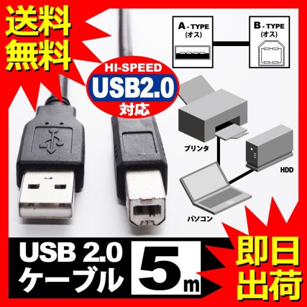 USBケーブル 5m USB2.0 ブラック  ハイスピード スタンダード USB A-TYPE (オス) - USB B-TYPE (オス) プリンUL.YN