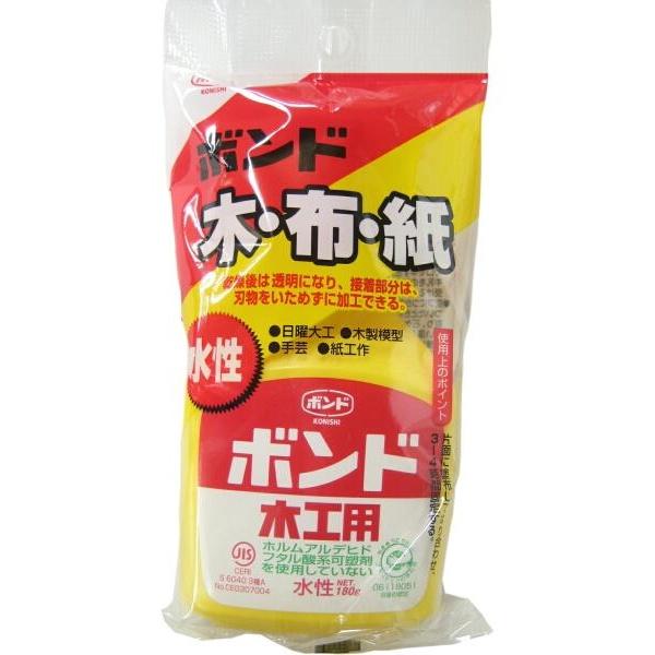 【5個セット】 コニシ 木工ボンド180G・容量：180ｇ・用途：木の接着に幅広く使える・木工作：特徴・大容量の180ｇタイプです。：・水性・乾燥後ほぼ透明：乾燥後切削可。ホルムアルデヒド・フタル酸系可塑剤を使用していません。